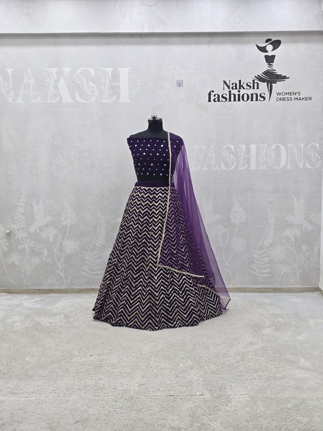 Purple Zig Zag Lehenga Choli, Sequin Work, Indian Wedding Guest Outfit ...