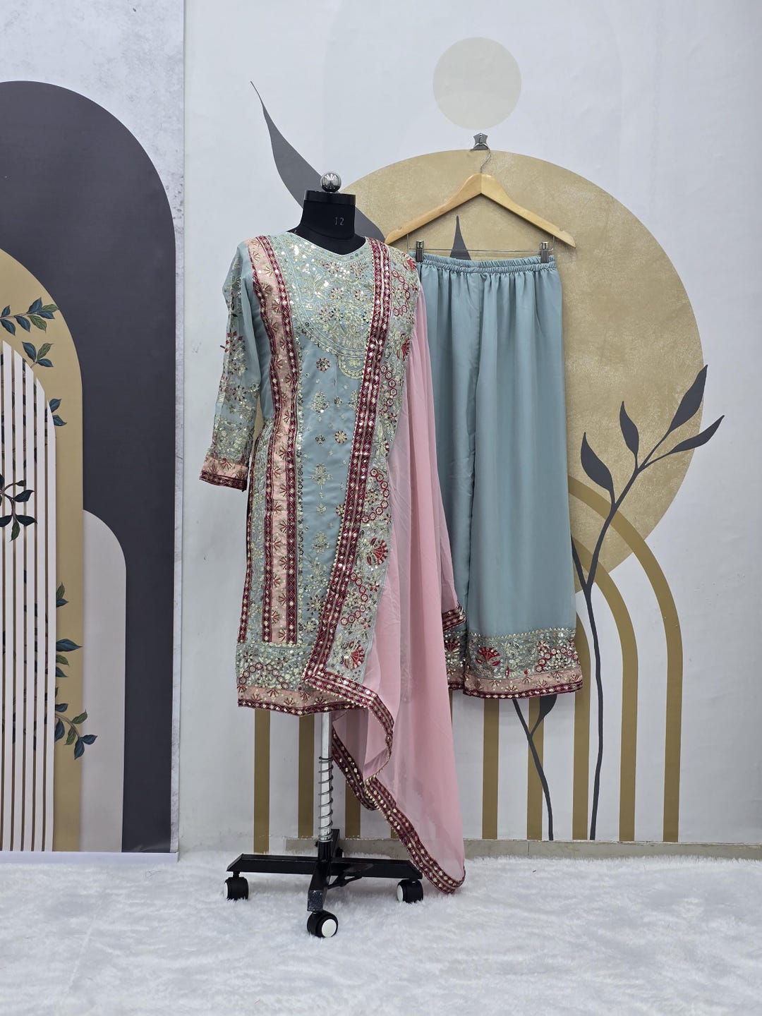 Green Georgette Indian Suit With Dupatta and Embroidery Work Sharara ...