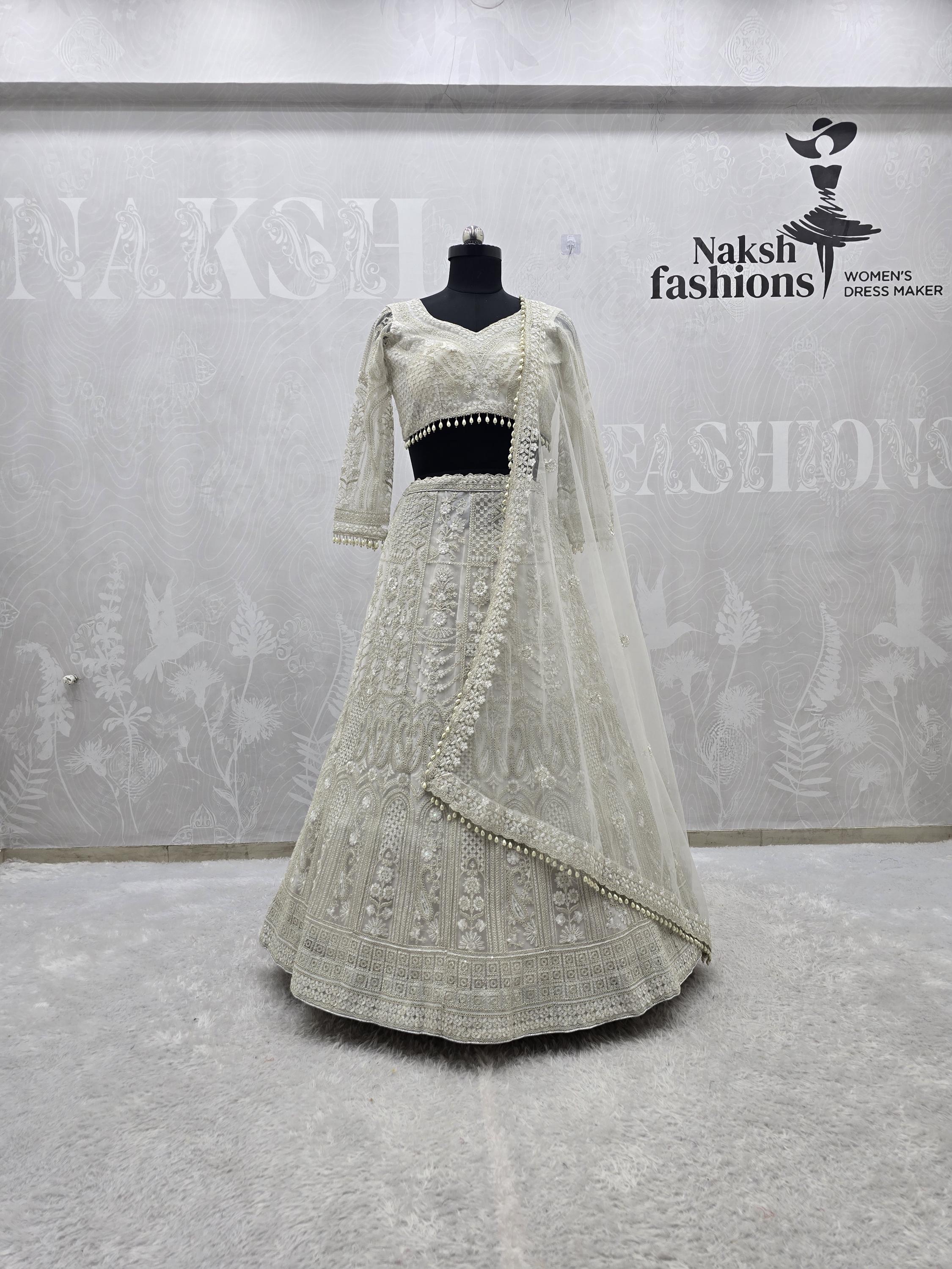 White Net Lehenga Choli: Indian Wedding Lengha With Sequins Dori Work ...