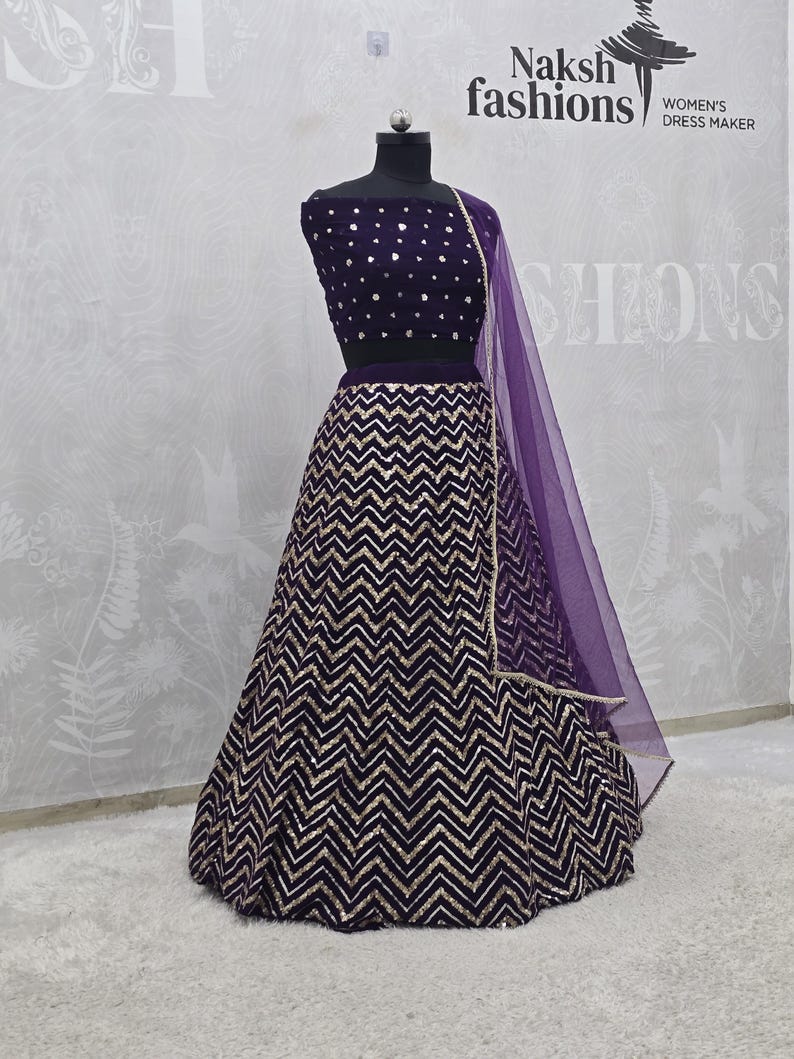 Purple Zig Zag Lehenga Choli, Sequin Work, Indian Wedding Guest Outfit ...