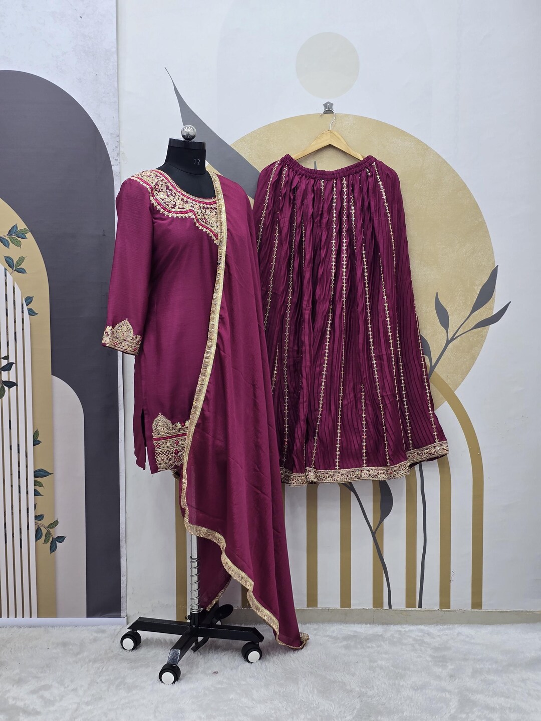 Pakistani Indian Outfit , Wine Chinnon Silk Kameez Palazzo Suit ...