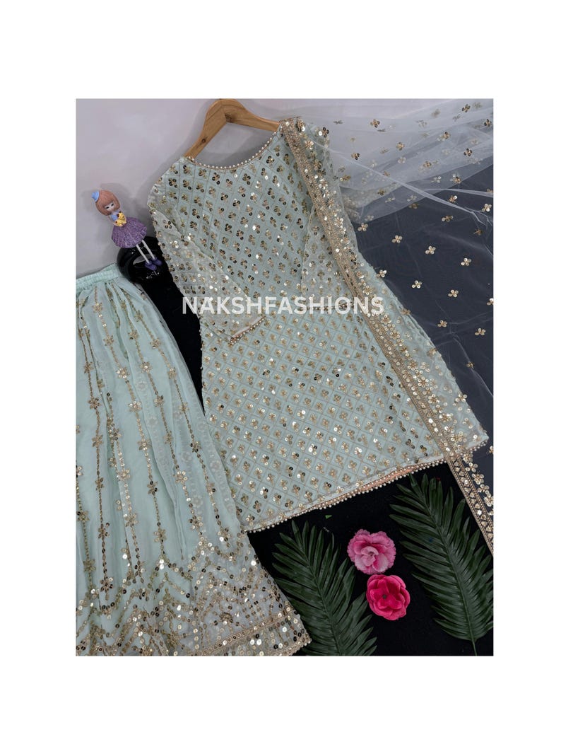 Traje Sharara de georgette verde menta: bordado indio, atuendo de boda ...
