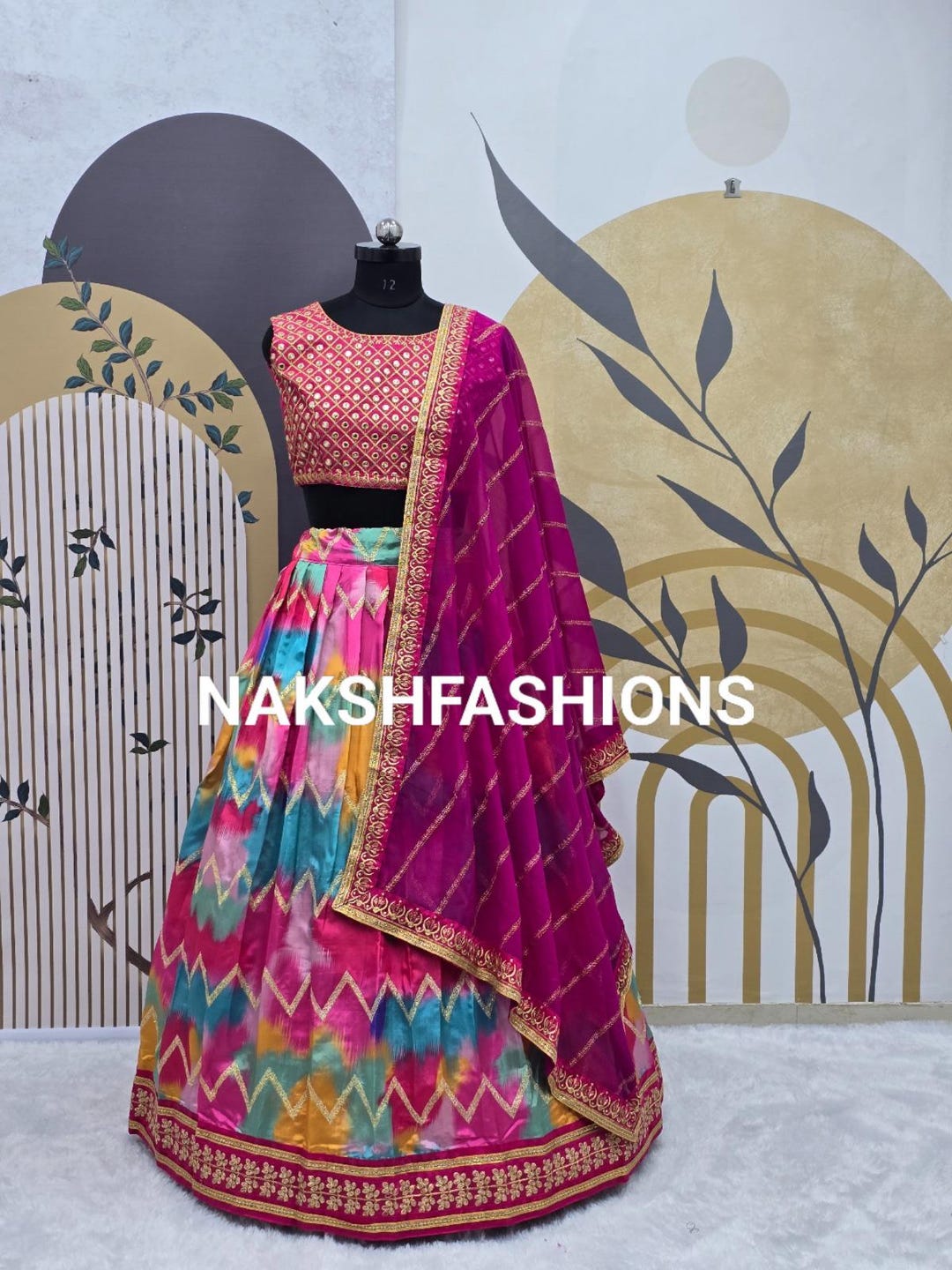 Multicolour Pink Lehenga Choli With Zari Dori and Foil Mirror Work ...