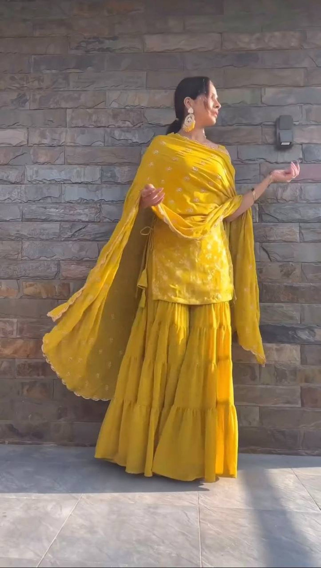 Indian Georgette Yellow Sharara Suit With Thread Sequence Work With ...