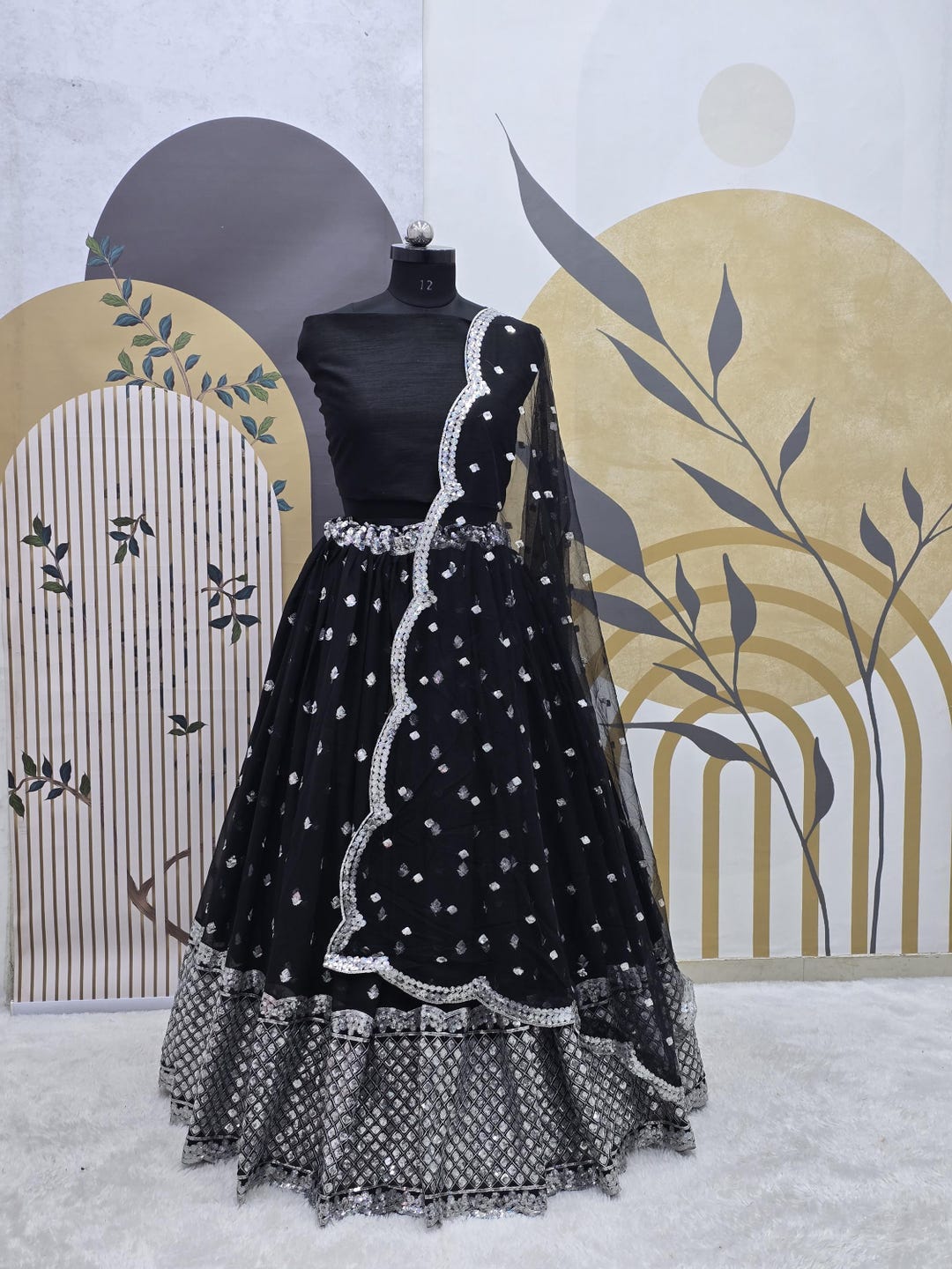 Black Georgette Sequin Lehenga Choli | Flowy Indian Party Wear Dress ...
