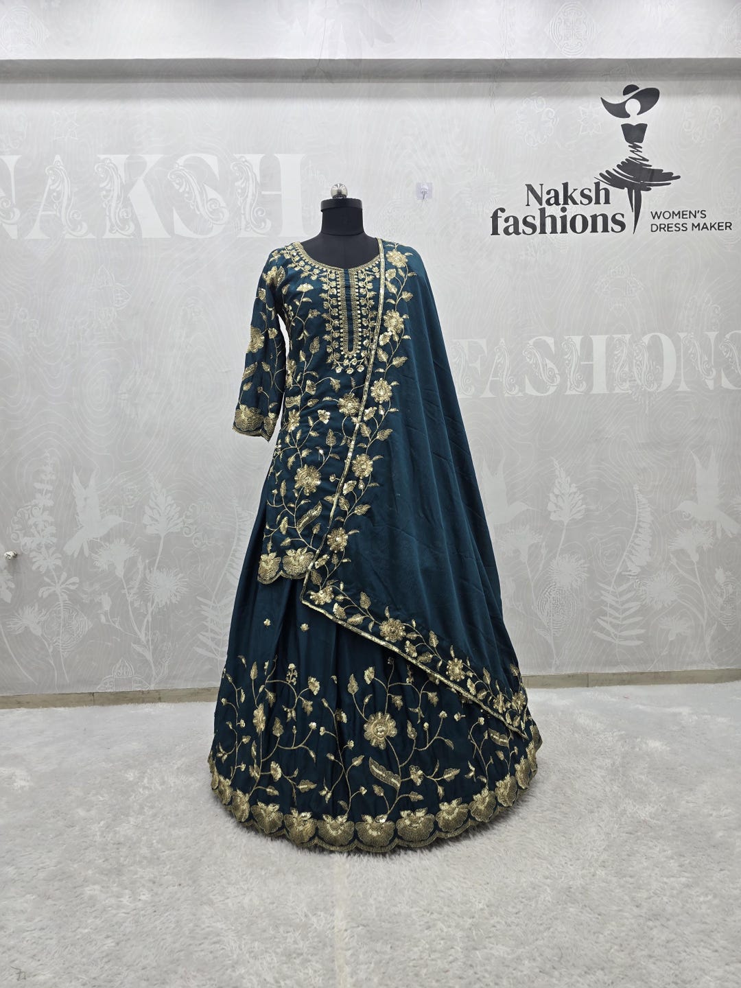 Green Chinnon Silk Lehenga: Indian Wedding Outfit, Embroidered Ethnic ...