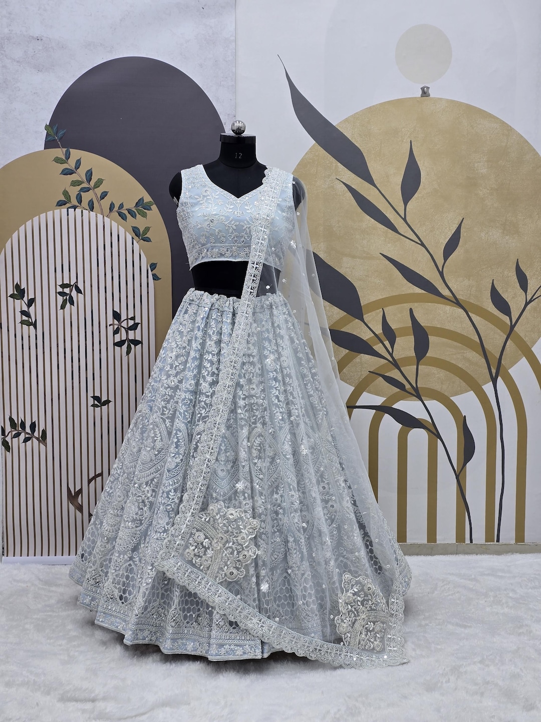 Sky Blue Net Lehenga Choli: Sequin & Zari Work Wedding Dress - Etsy