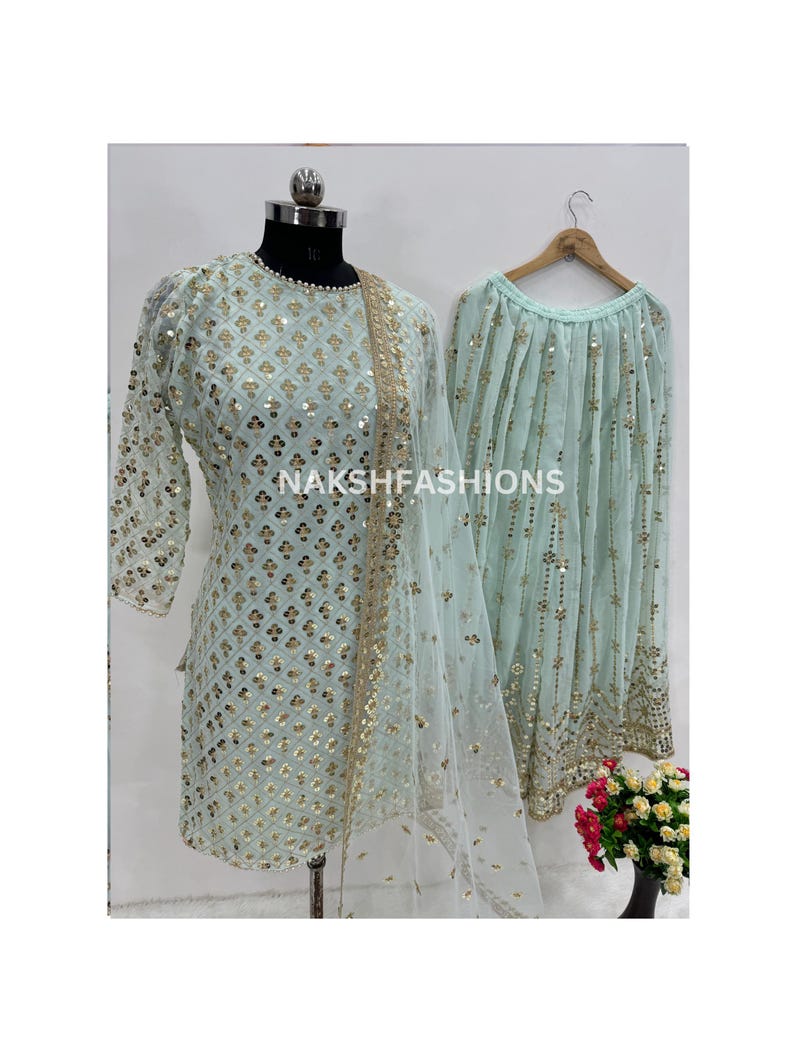 Traje Sharara de georgette verde menta: bordado indio, atuendo de boda ...
