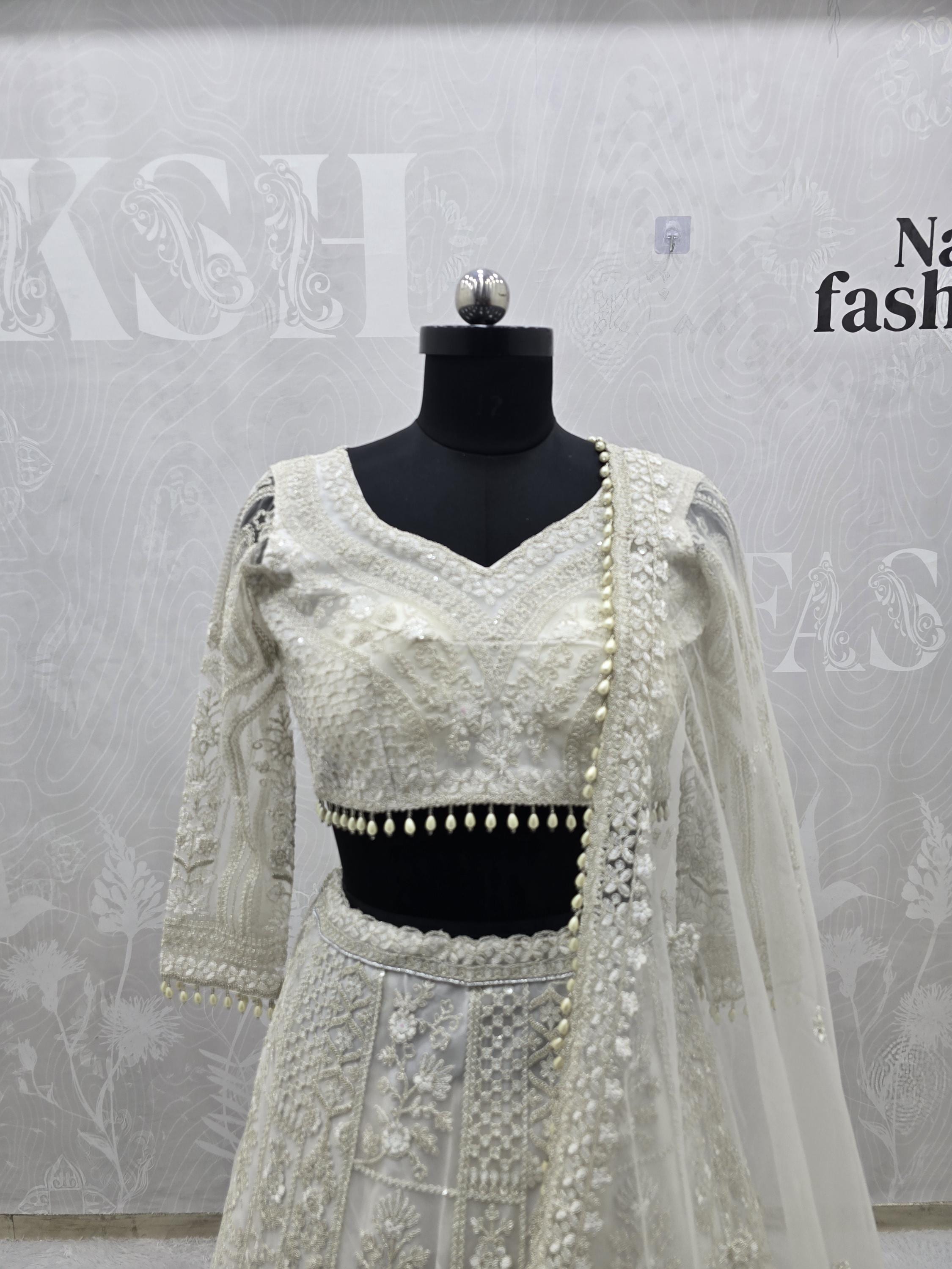 White Net Lehenga Choli: Indian Wedding Lengha With Sequins Dori Work ...