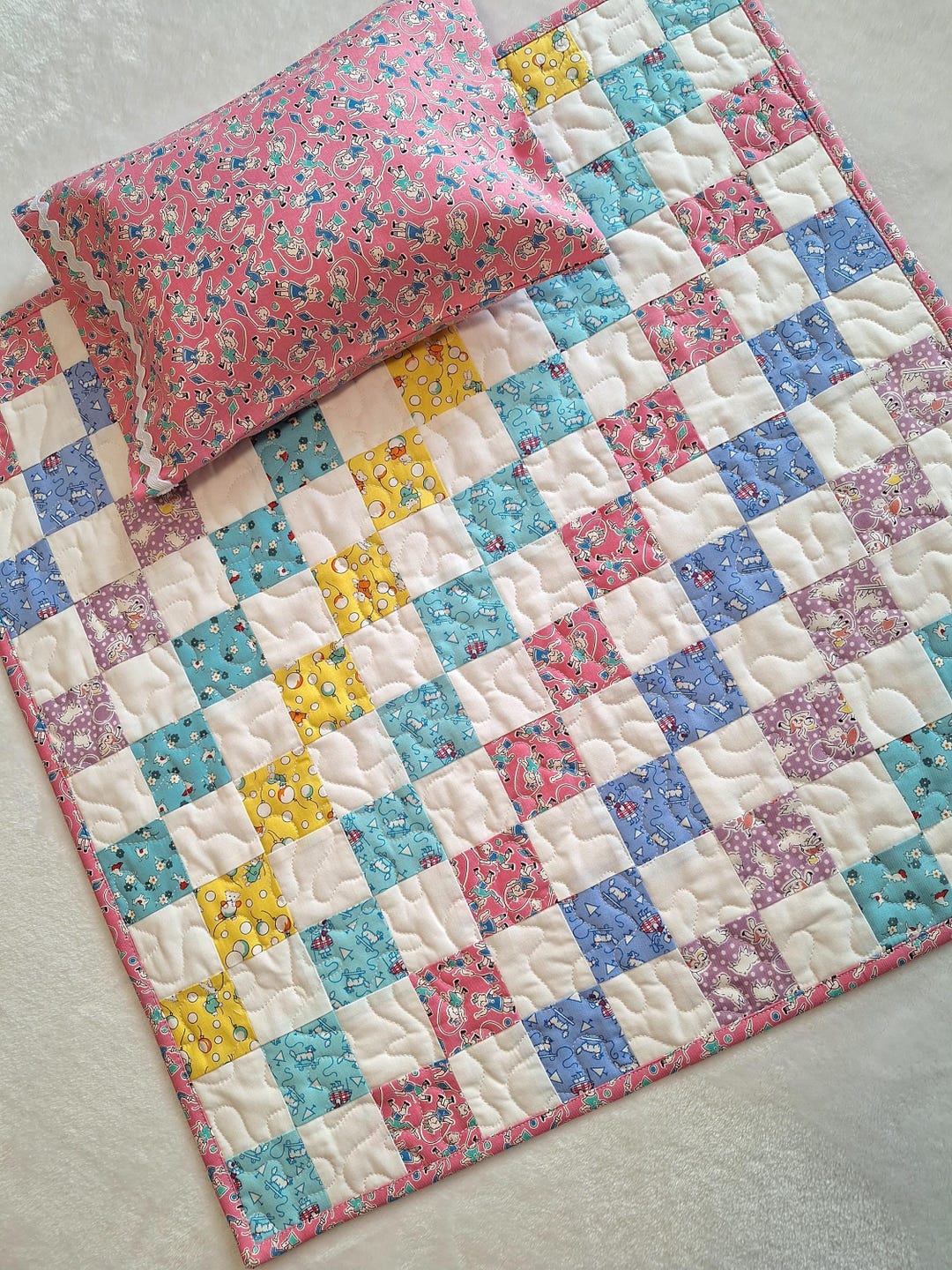 Doll Quilt and Pillow Set - Irish Chain - Checks - Doll Bedding - 22x22 ...