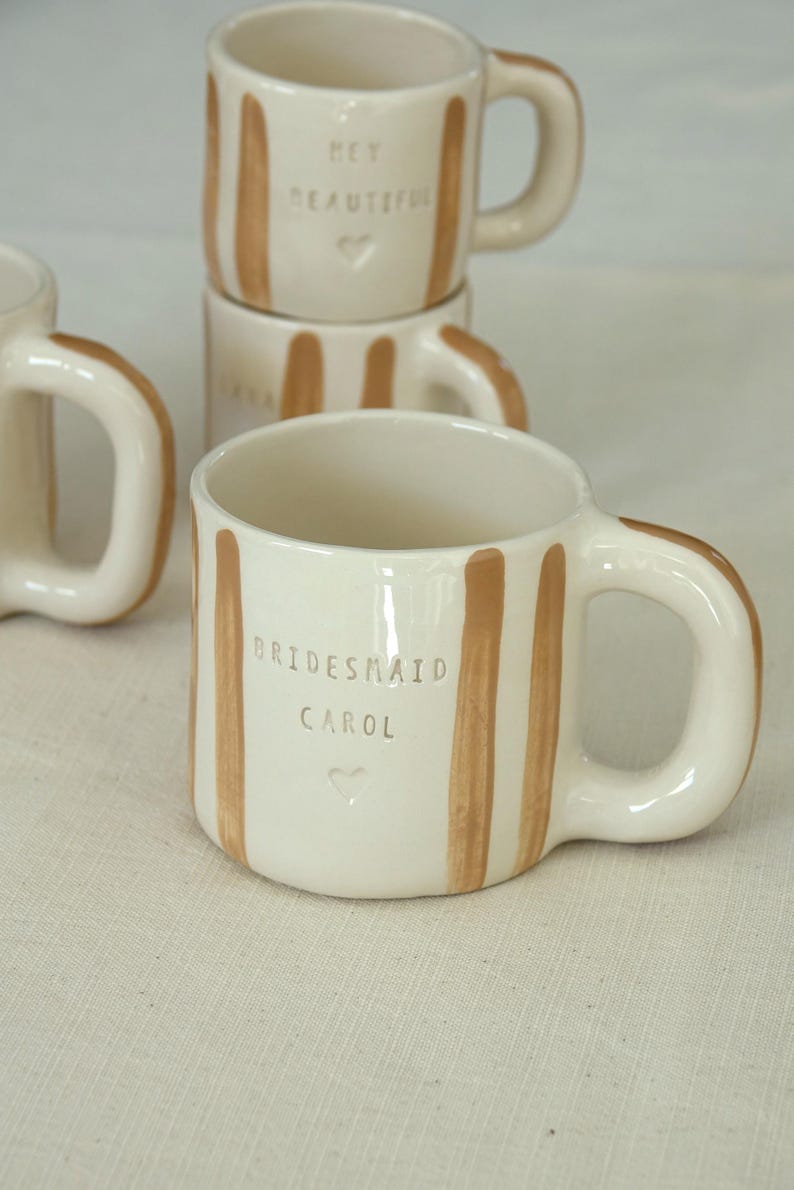 Custom Ceramic Mug With Beige Stripes | Personalized Pottery Cup - Etsy
