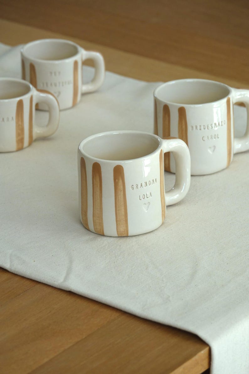 Custom Ceramic Mug With Beige Stripes | Personalized Pottery Cup - Etsy