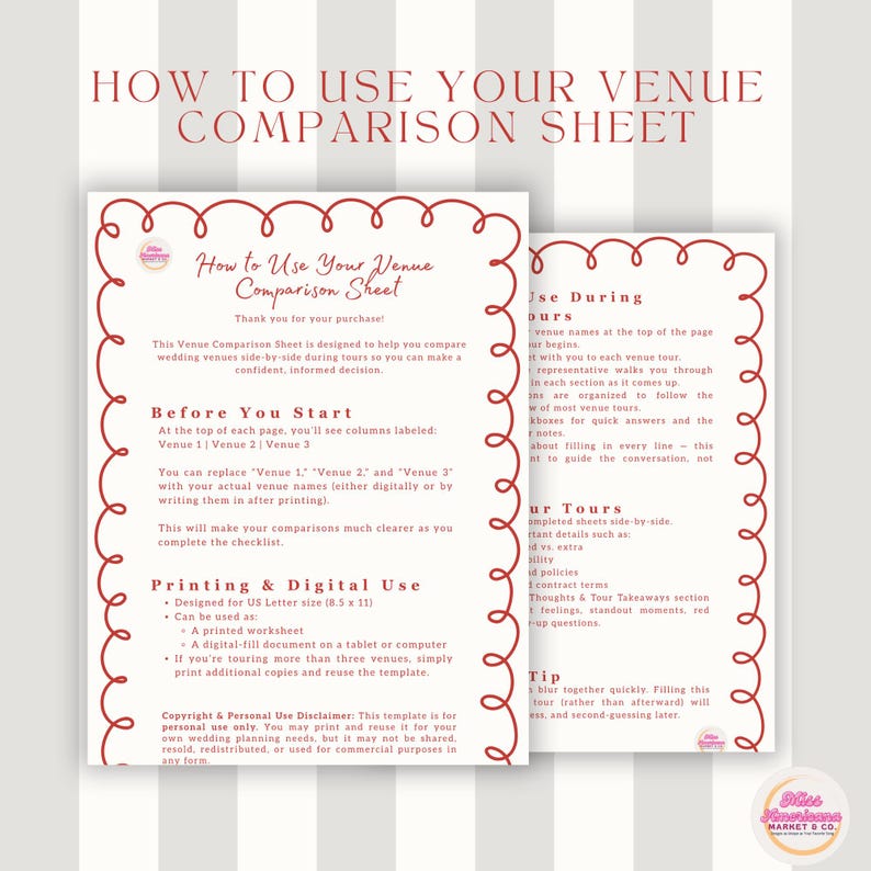 Venue Comparison Sheet | Printable Tour Checklist | Side-by-side ...