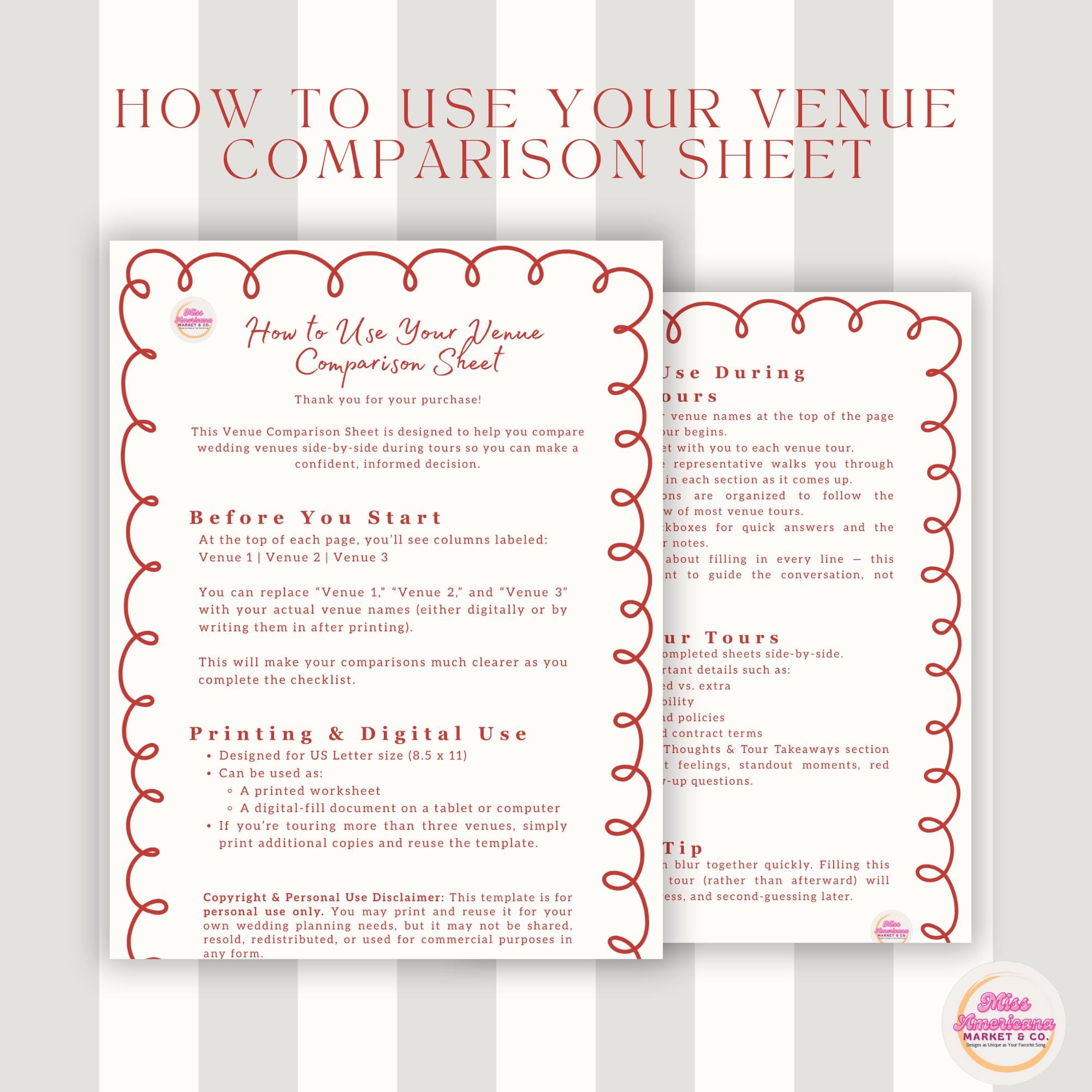 Venue Comparison Sheet | Printable Tour Checklist | Side-by-side ...