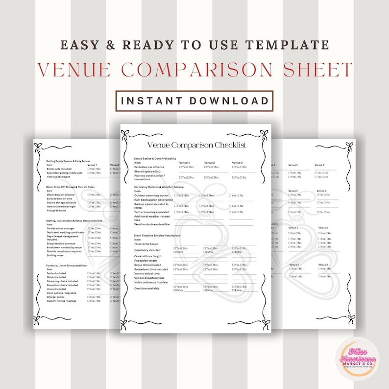 Venue Comparison Sheet | Printable Tour Checklist | Side-by-side ...