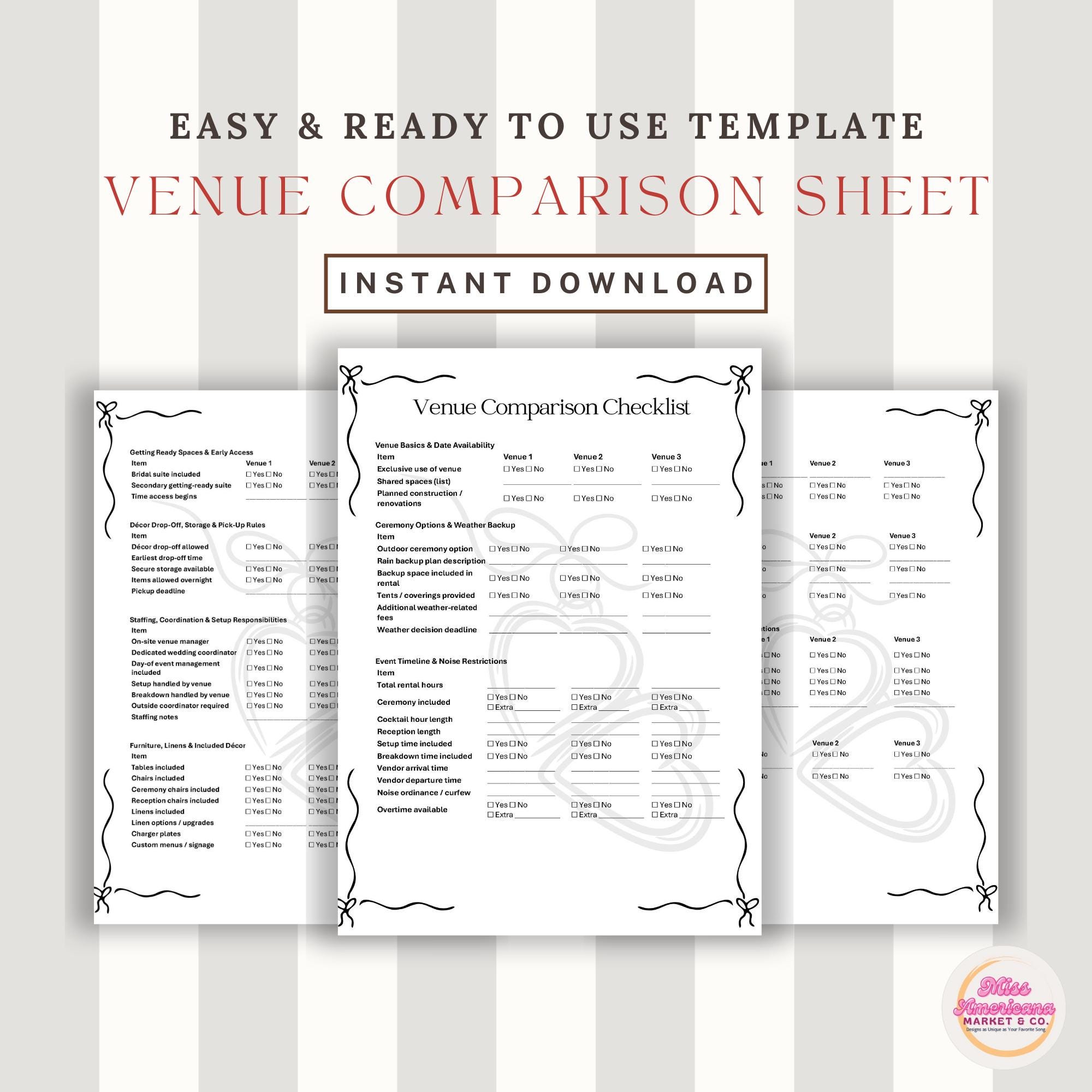 Venue Comparison Sheet | Printable Tour Checklist | Side-by-side ...