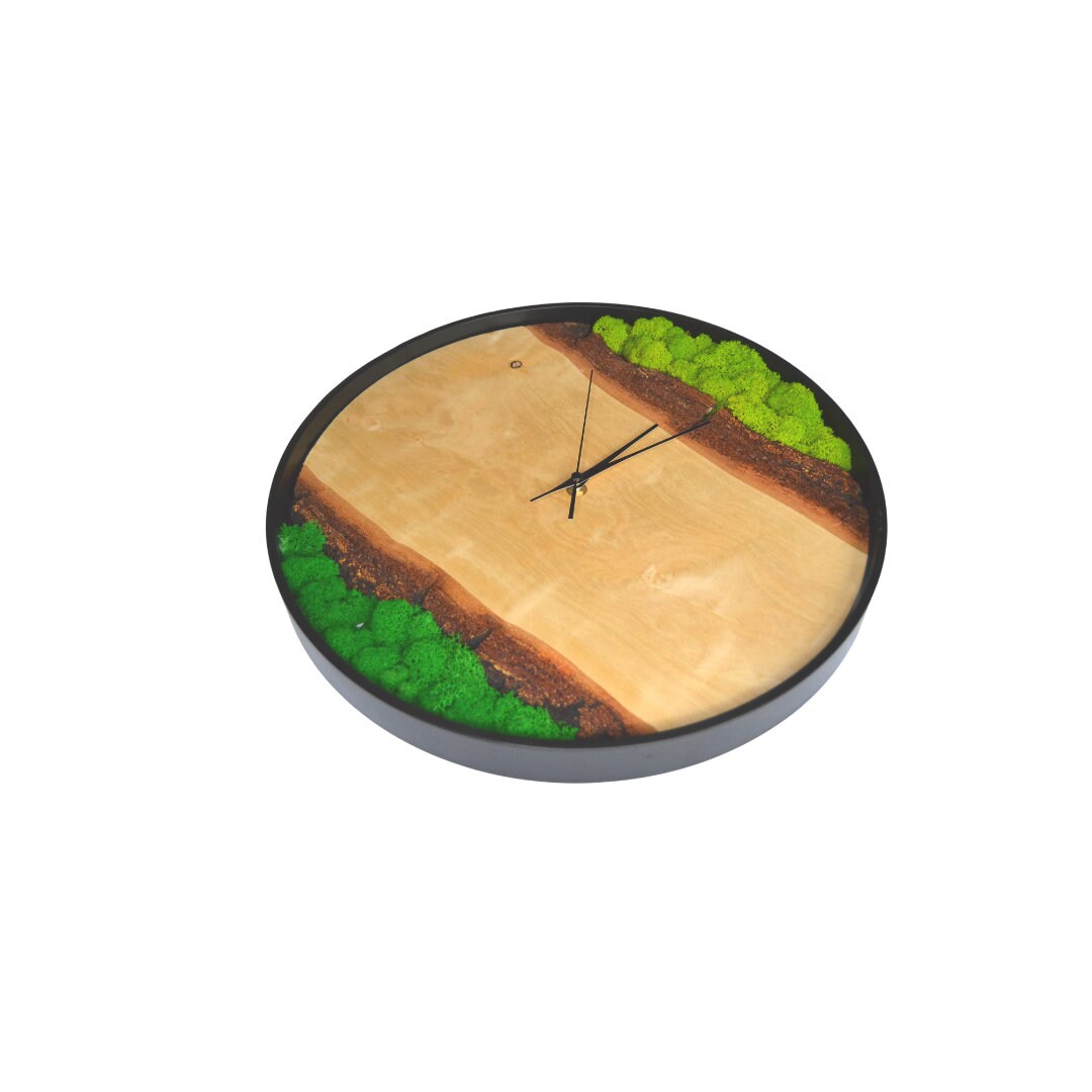 Black Metal Frame Hand Made Wall Clock With Real Wood and Reindeer Moss ...