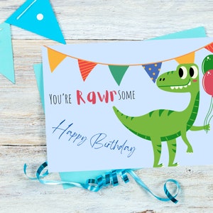 Printable Birthday Card, Boy, Girl, Blue Dino, Happy Birthday, Instant ...
