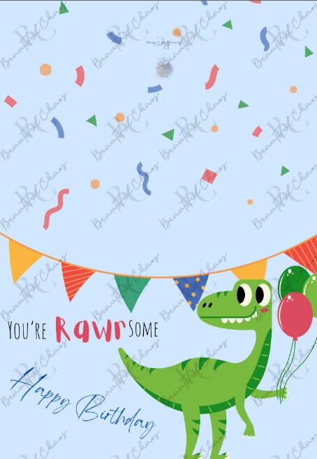 Printable Birthday Card, Boy, Girl, Blue Dino, Happy Birthday, Instant ...