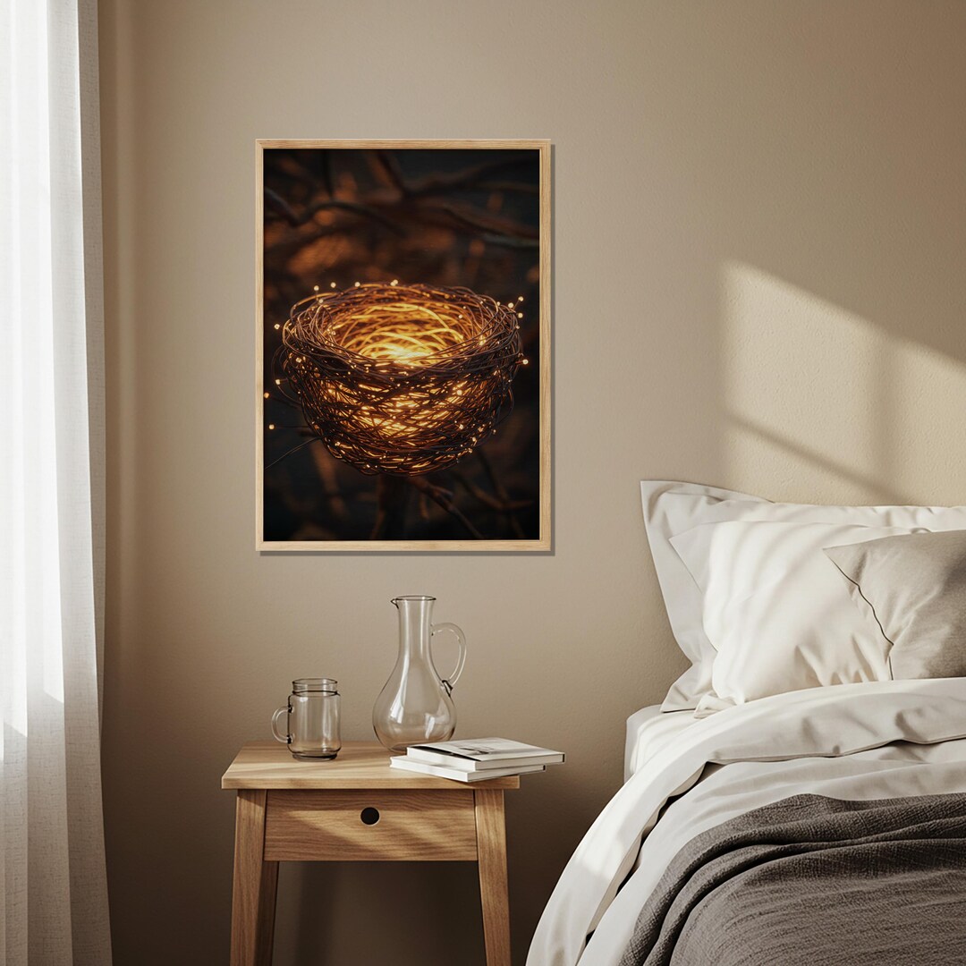 Glowing Nest Wall Art, Golden Light Bird Nest Decor, Warm Cozy Nature ...