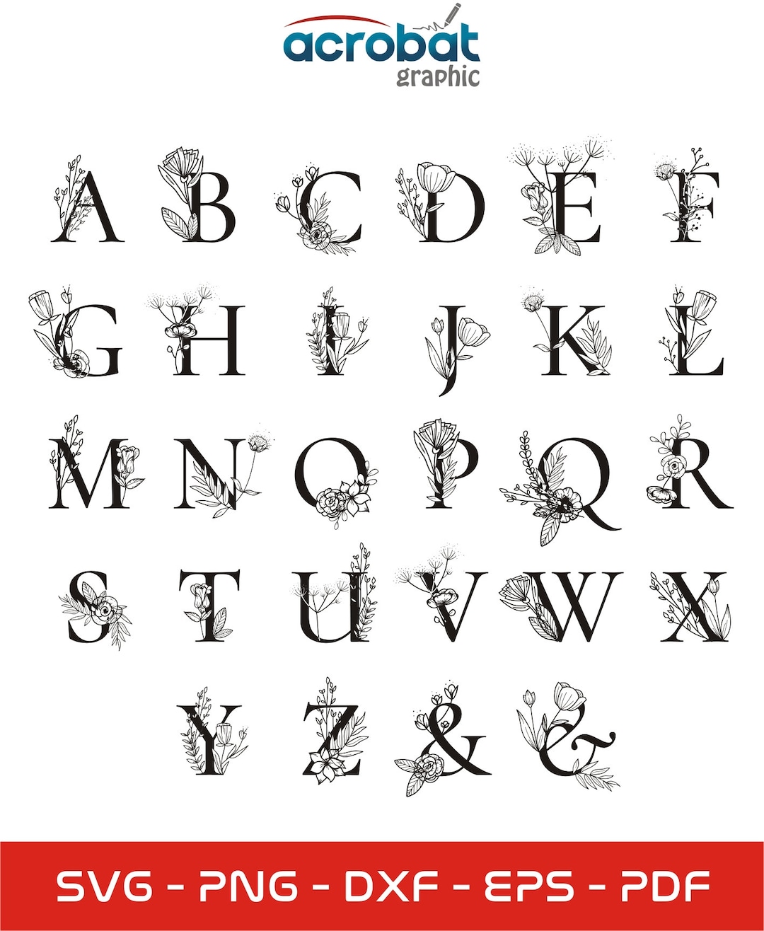 Floral Monogram Font SVG, Botanical Alphabet Letters, Flower Font for ...
