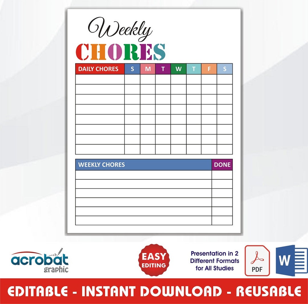 Editable Kids Chore Chart: Daily & Weekly Responsibility (printable PDF ...