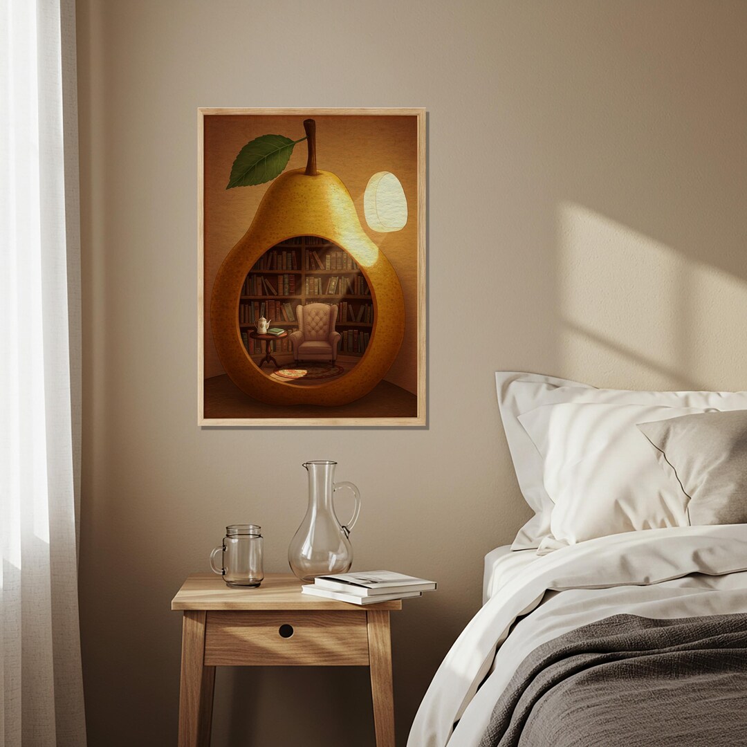 Pear Library Wall Art, Surreal Fruit Reading Room Decor, Dreamy Cozy ...