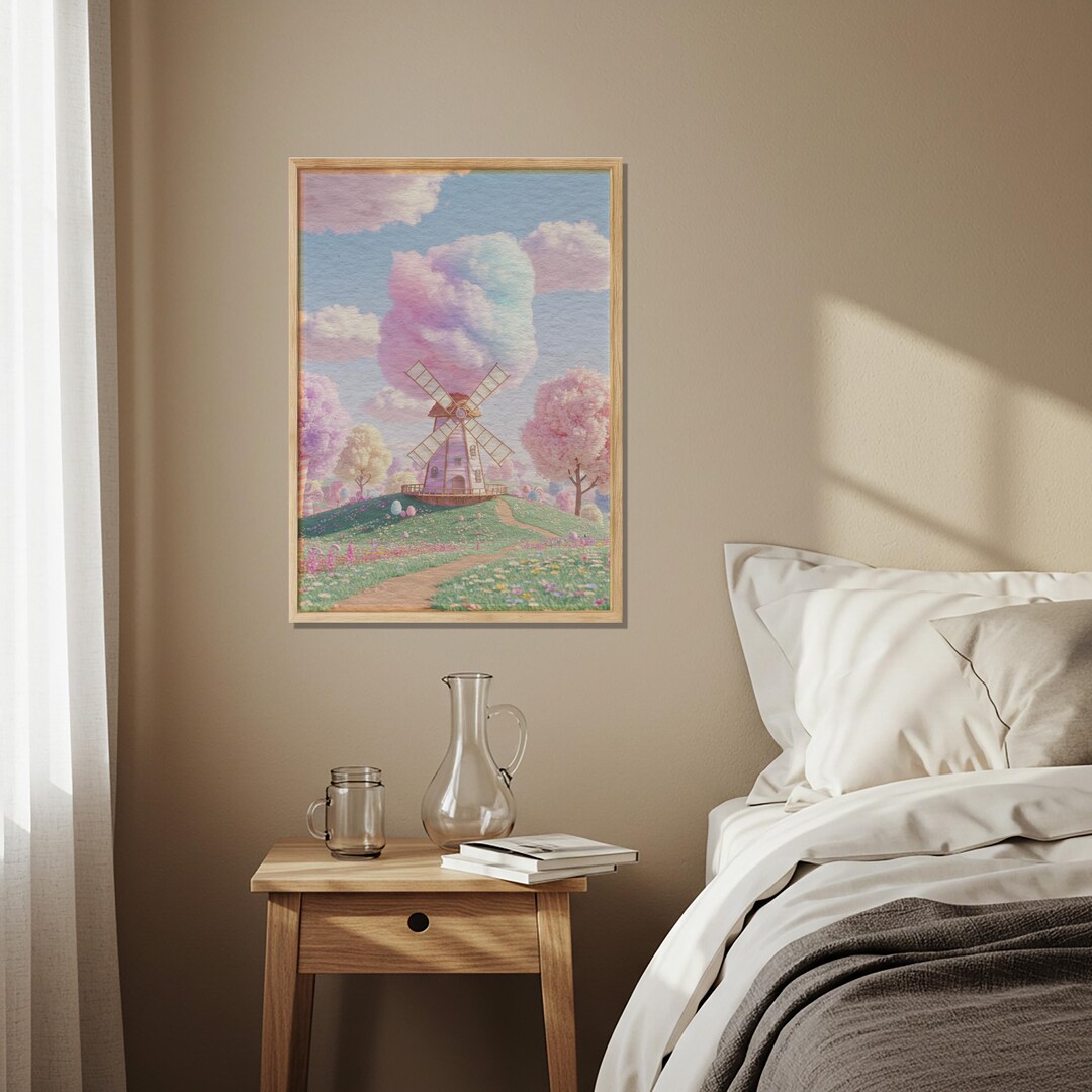 Surreal Windmill Hill Wooden Poster Dreamy Pastel Landscape Wall Art ...