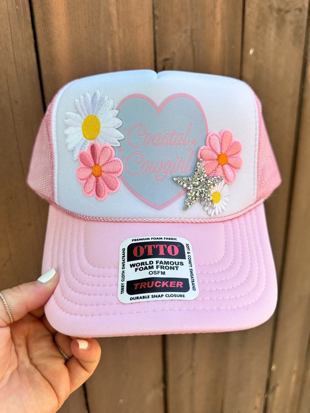Light Pink Coastal Cowgirl Trucker Hat With Floral and Bling Star Accents Western Patch Trucker ...