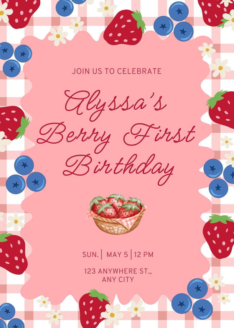 Berry First Birthday Digital Invitation Template - Etsy