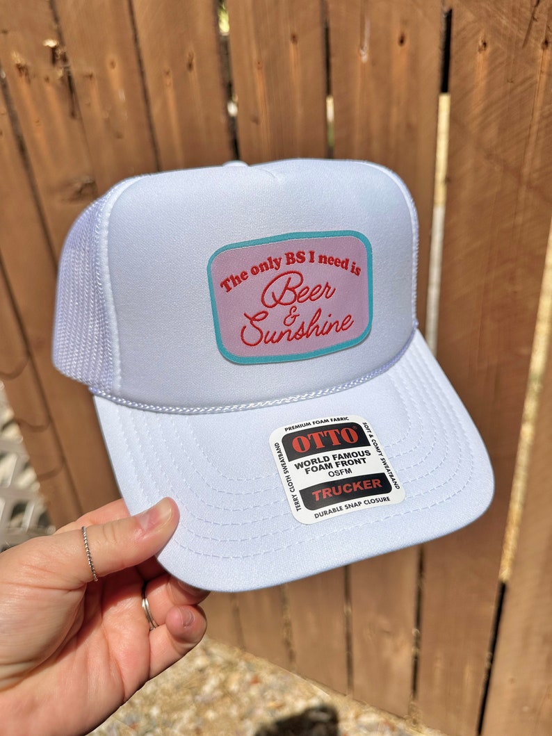 White the Only BS I Need is Beer and Sunshine Patch Trucker Hat Summer Lake Beach River Boat ...