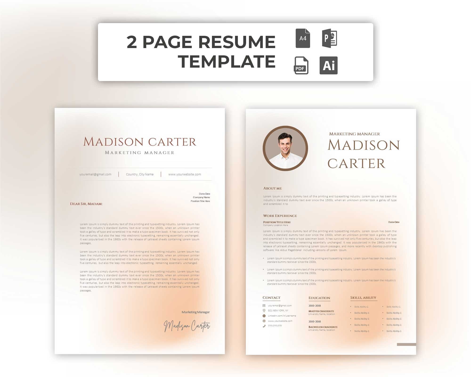 Clean Resume Template 2 Pages, CV Template Cover Letter, Digital ...