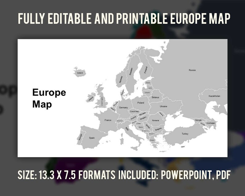 Printable & Editable Europe Map, Map of Europe Wall Art, Fully Editable ...