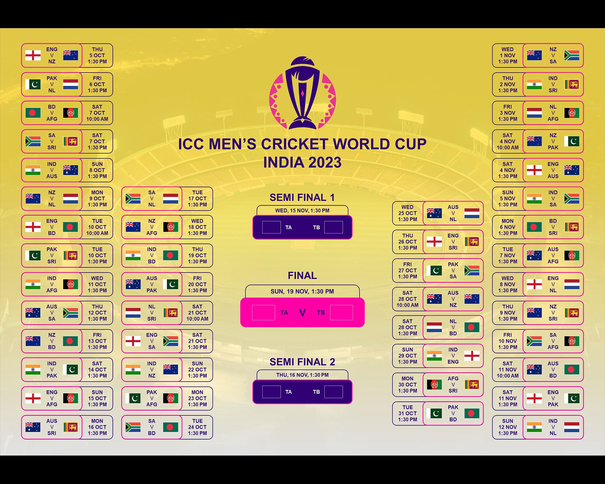 Cricket World Cup Schedule India 2023 Cricket India 2023 Etsy Canada