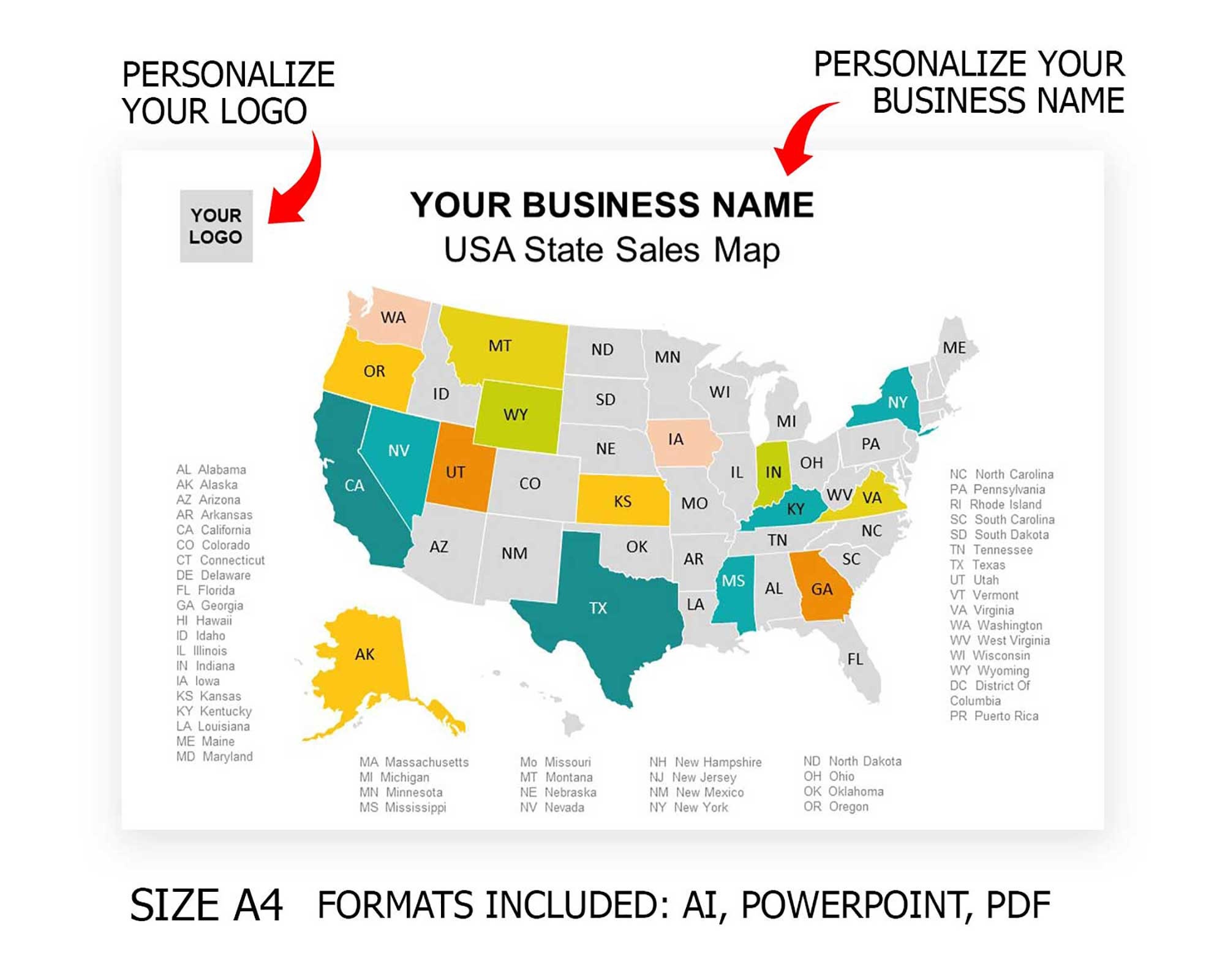 Coloring the States, USA Map, Editable USA Map, Powerpoint Template ...