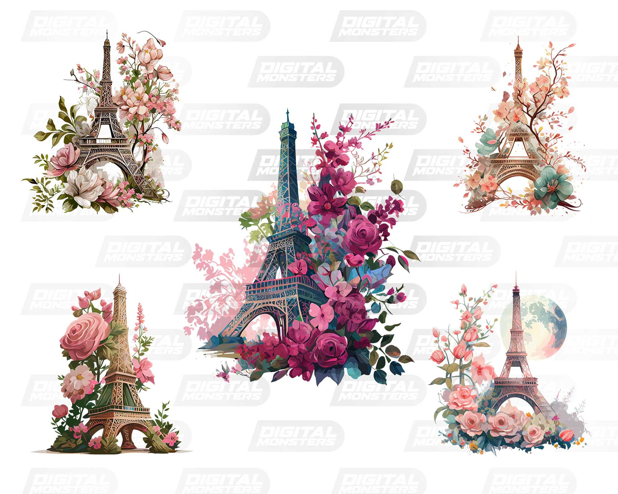 Colorful Eiffel Tower With Floral Clipart, Paris Art, Paris Beauty ...