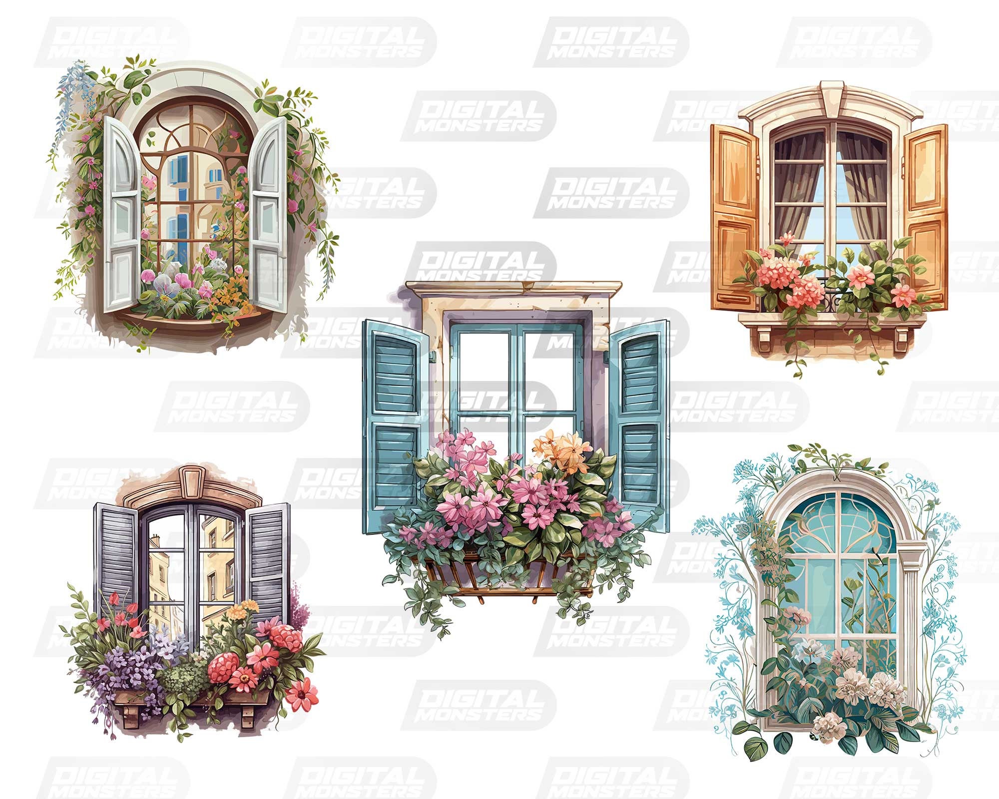 Colorful Vintage Windows Clipart, French Style Window Clipart ...