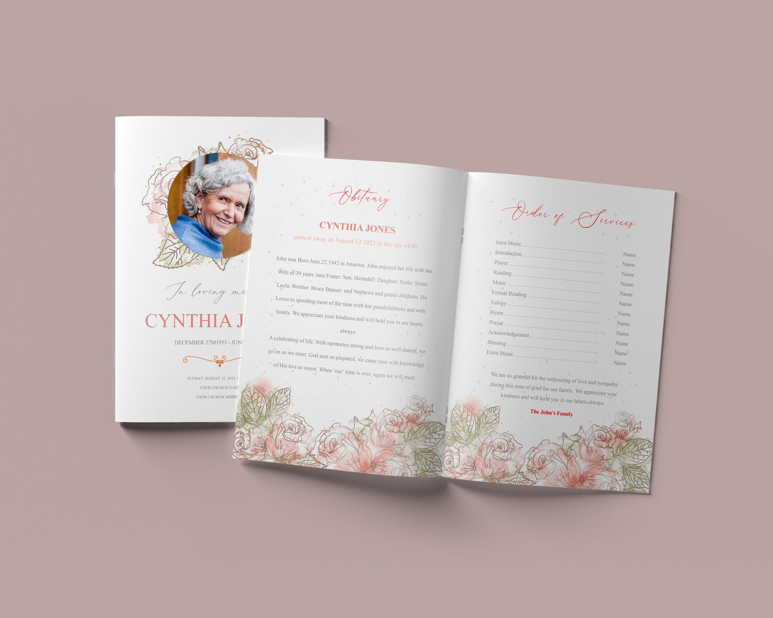 Floral Celebration of Life Template for Woman, Funeral Program Template ...