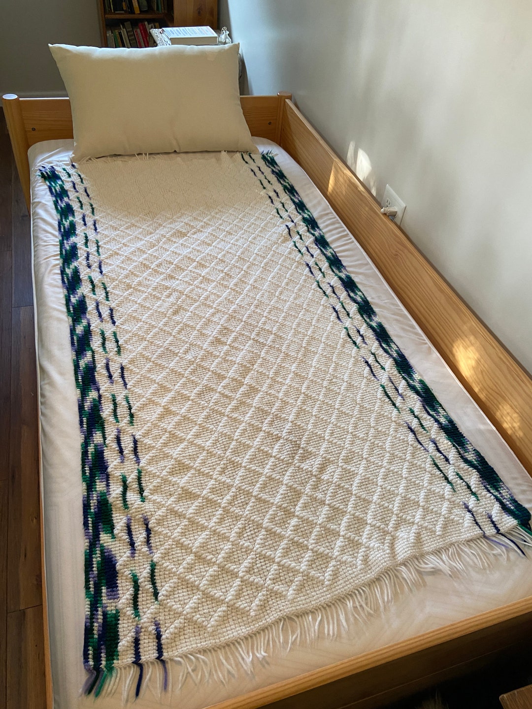 Vintage Hand Knit Afghan Runner/blanket (white, Purple, Green) - Etsy