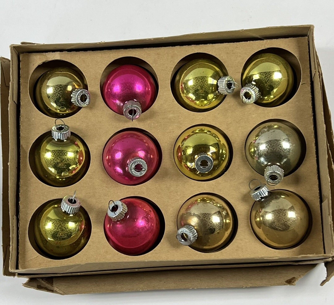 Vtg Lot of 12 Shiny Brite Mini Bulb Ball Ornaments Mercury Glass Box AS ...