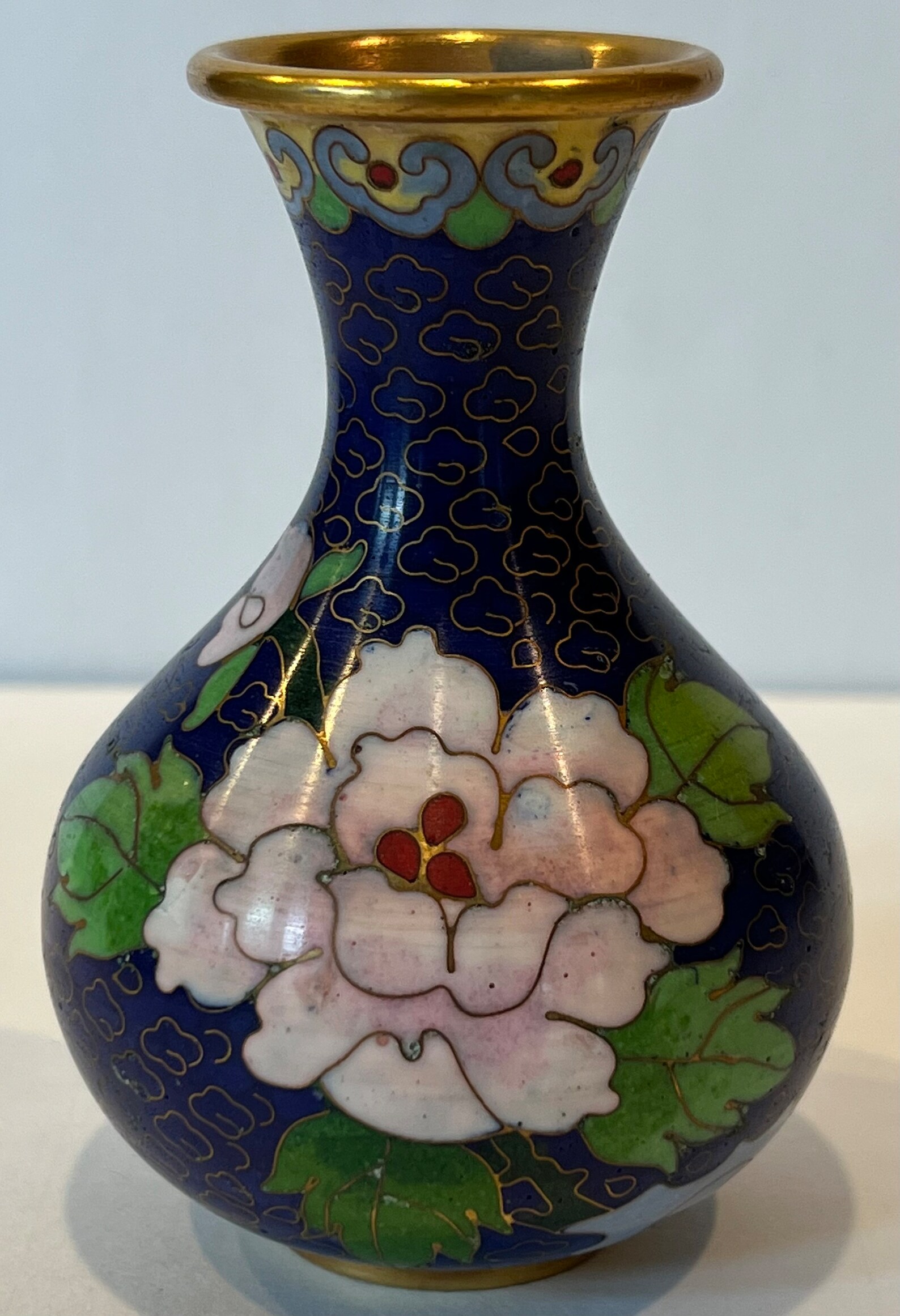 Old Chinese Cloisonné Enamel Vase Cobalt Blue Pink Floral Gold Green 4 ...