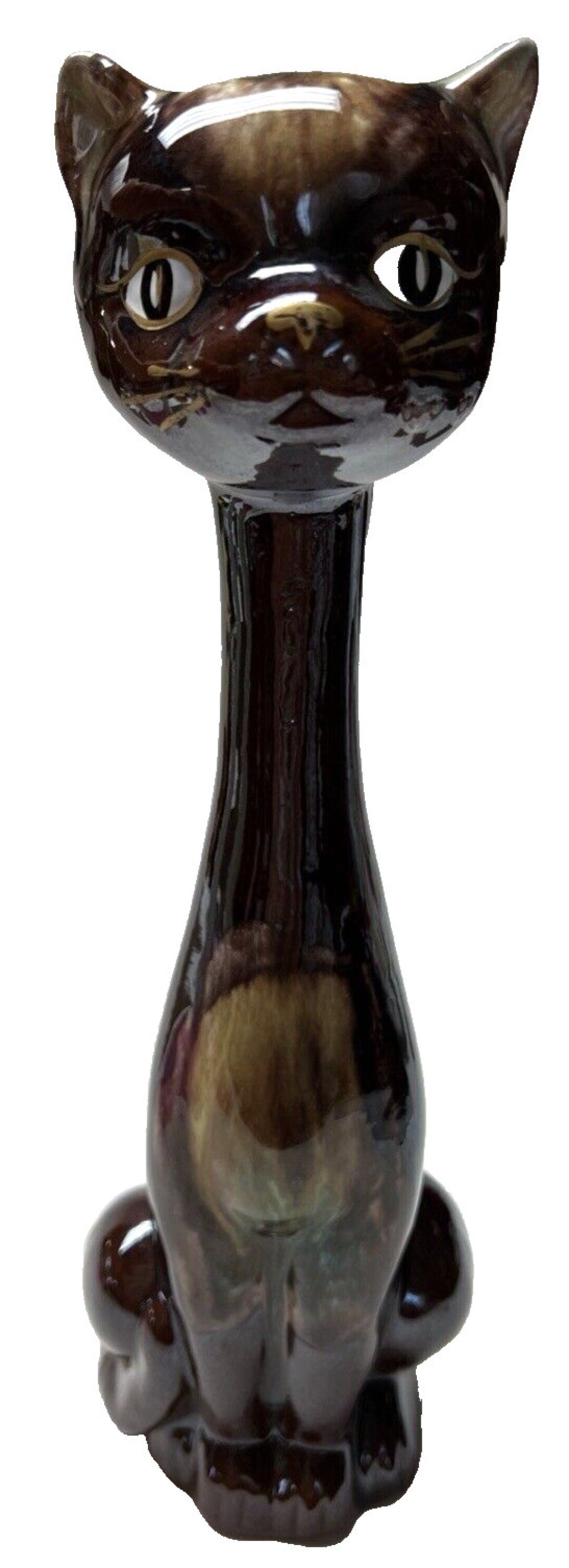 MCM Folk Art Pottery Long Neck Cat Anthropomorphic Brown Glazed Sitting ...