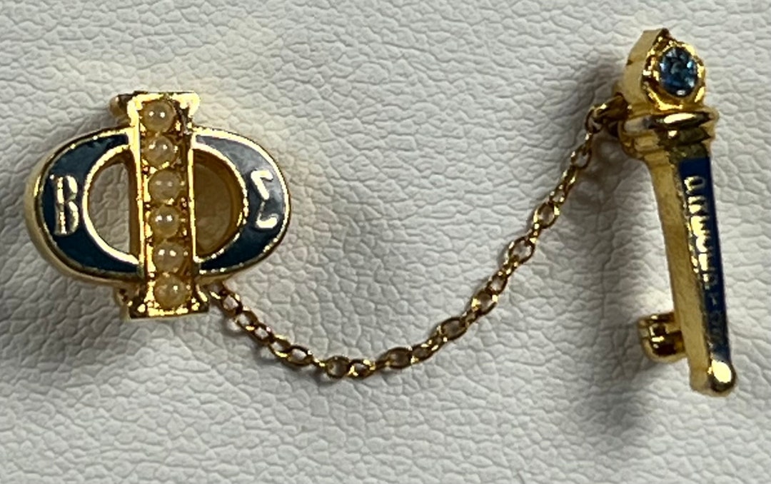 Vtg Beta Sigma Phi Sorority Pin Gold Tone Blue Stone Seed Pearls Torch ...