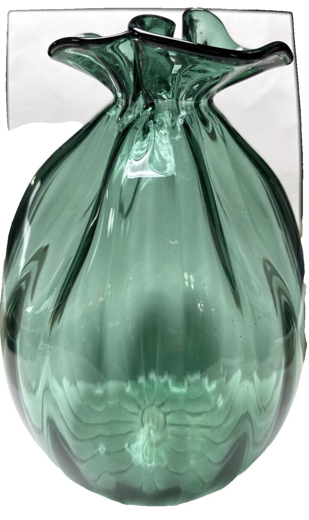 Vintage Pilgrim Glass Ribbed Sack Vase Green Balloon Large Knot Ruffled ...