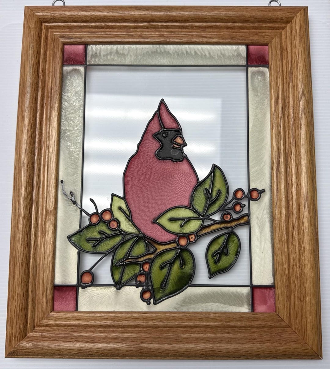 Vtg Open Windows Cardinal Bird Stained Glass Window Panel Frame ...