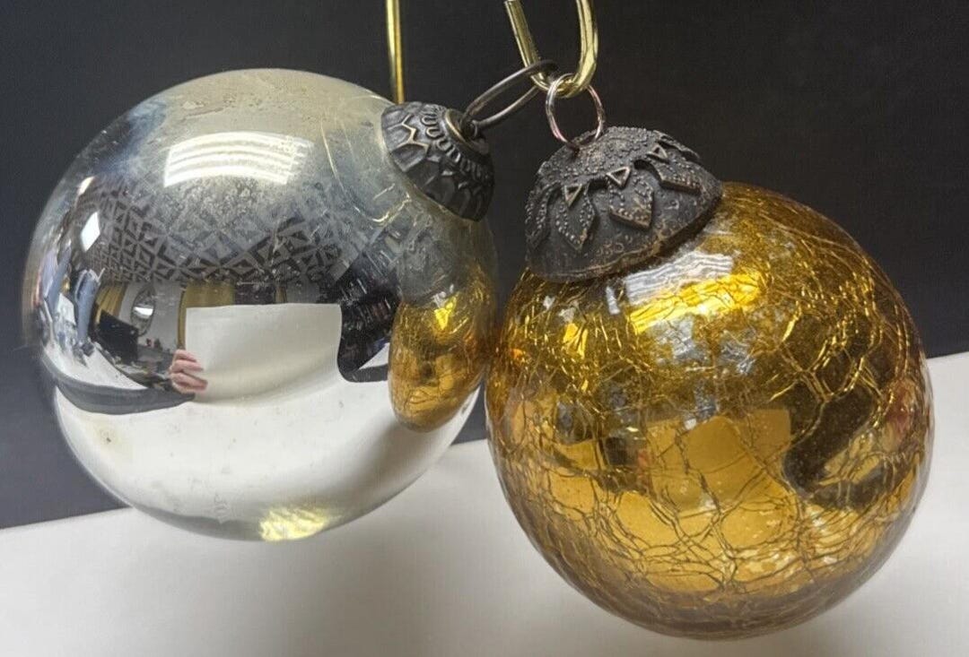 Vintage Lot of 2 Kugel Style Gold Crackle Silver Ball Bulb Glass ...