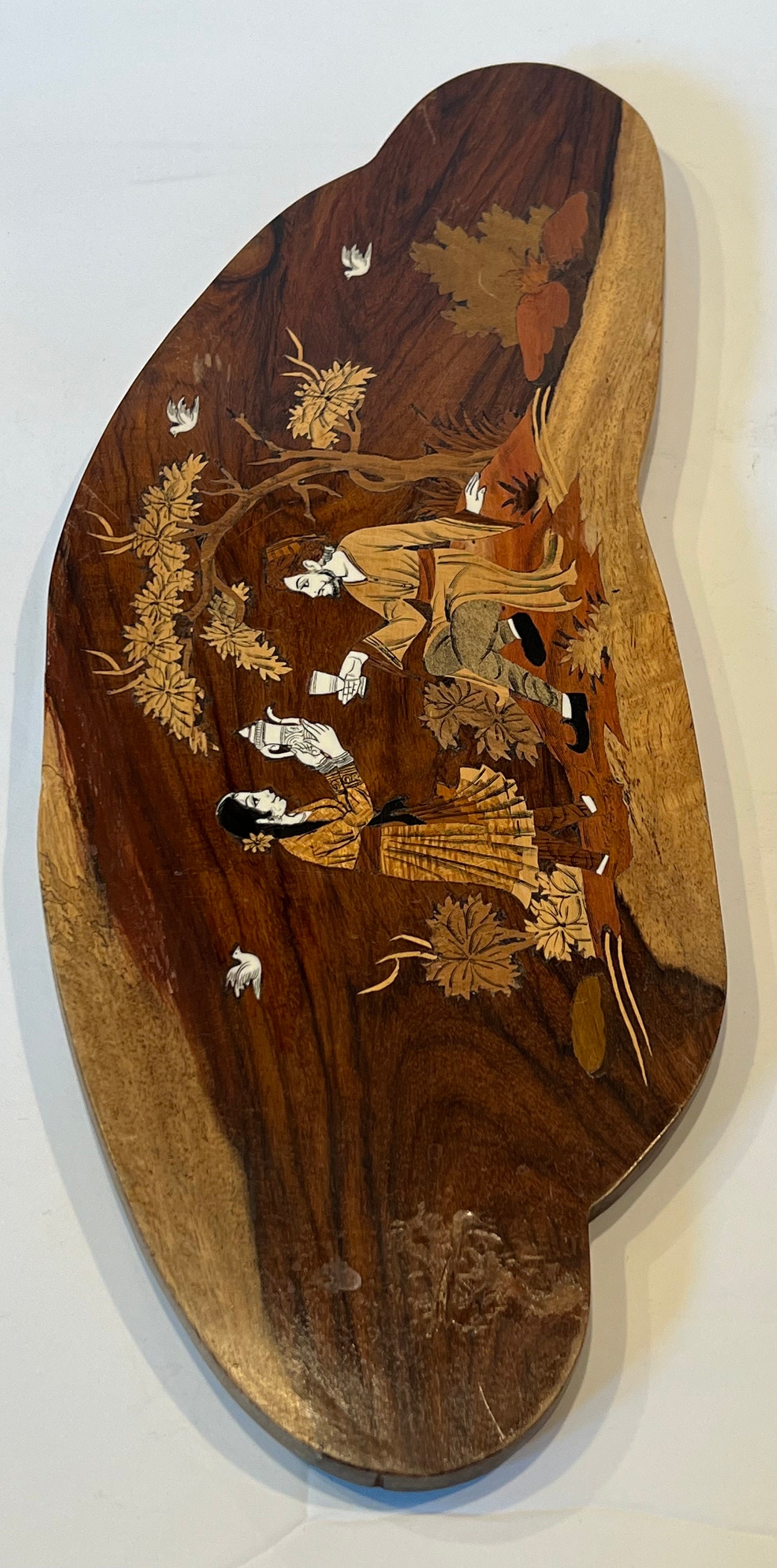 Vintage Wood Inlay Marquetry India Tea Tree Birds Folk Art Wall Hanging ...