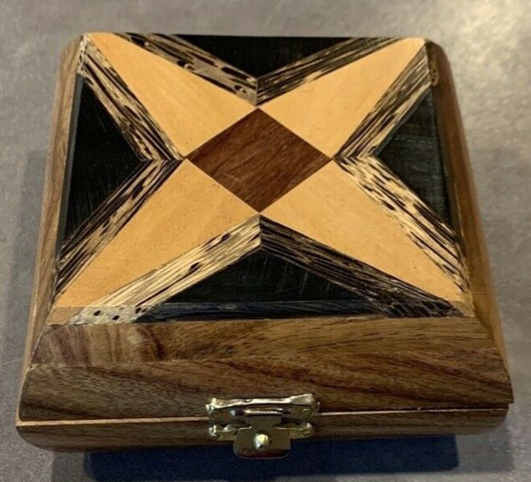 Vintage Inlay Marquetry Wood Box Lined Latch Mosaic Abstract Jewelry ...