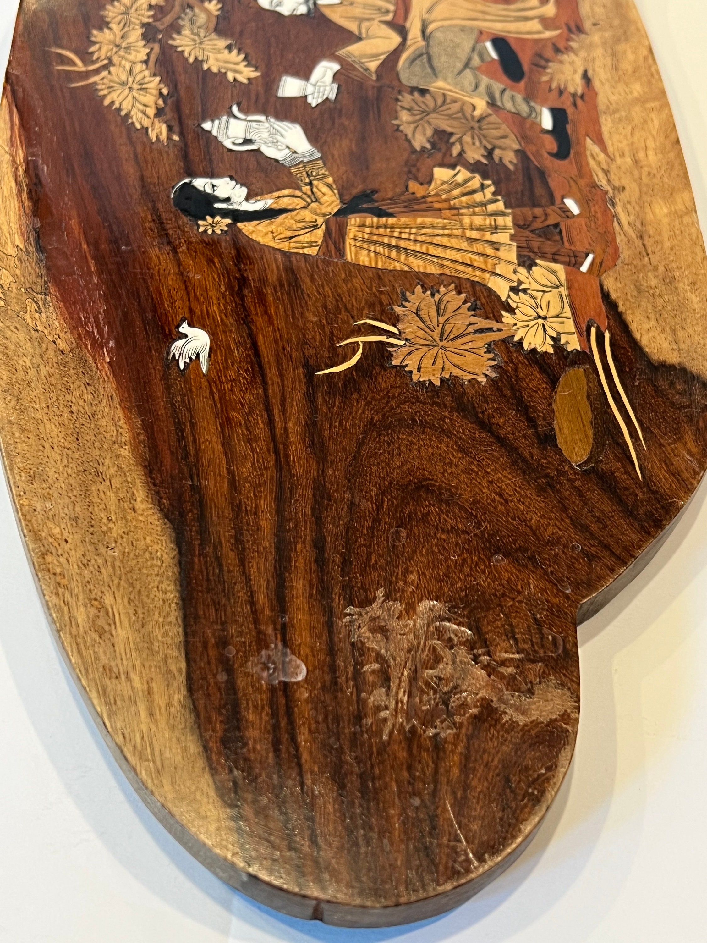 Vintage Wood Inlay Marquetry India Tea Tree Birds Folk Art Wall Hanging ...