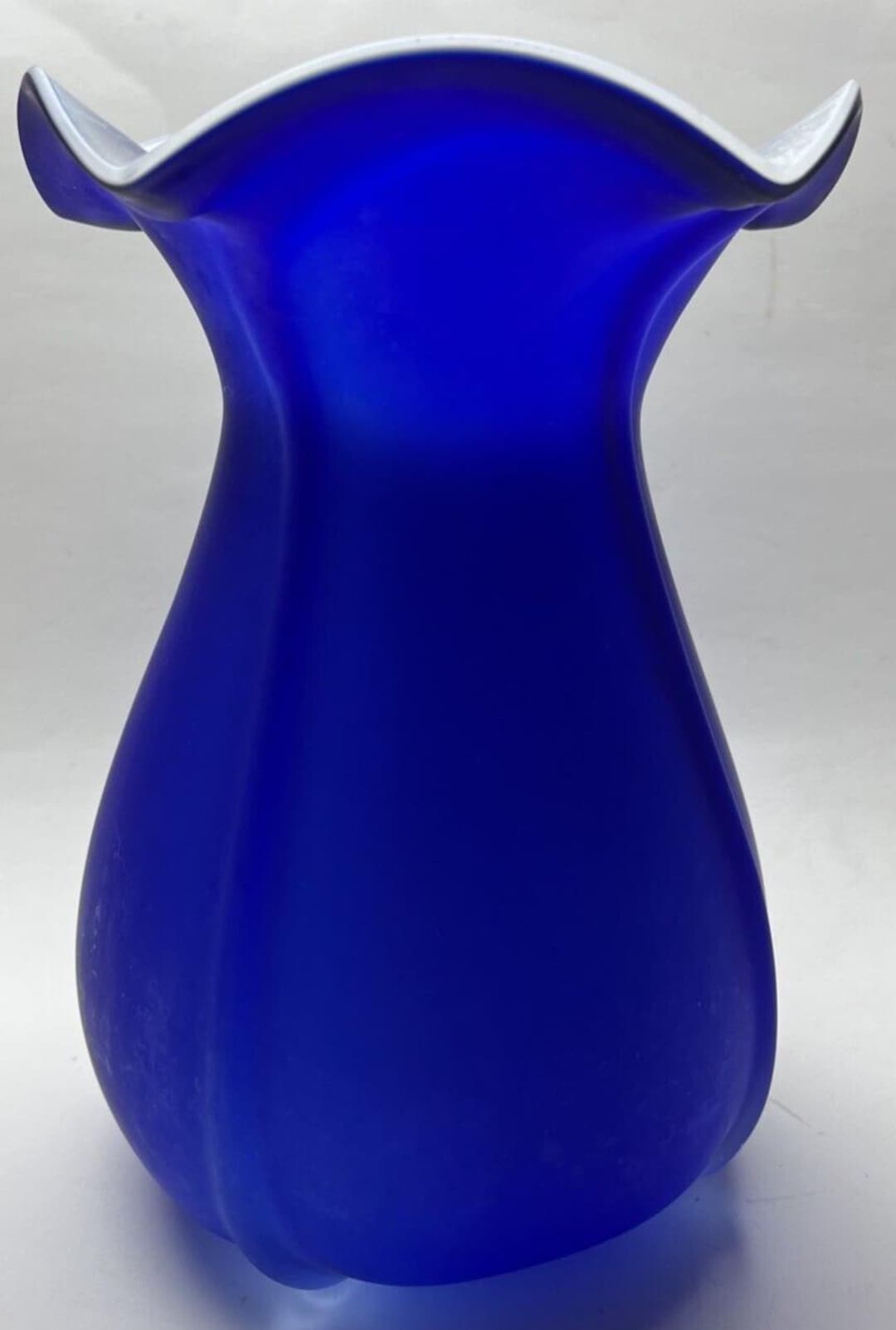 MCM Cobalt Blue Satin Glass Cased White Melon Trumpet Vase Ruffled Rim ...
